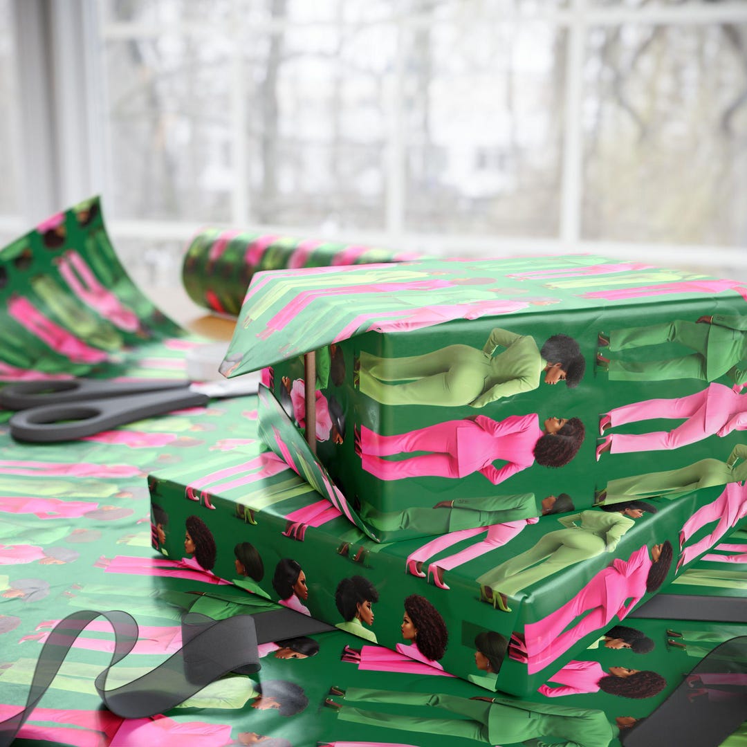 Wrapping Paper, Pink and Green Ladies Pattern Green Background, Perfect ...