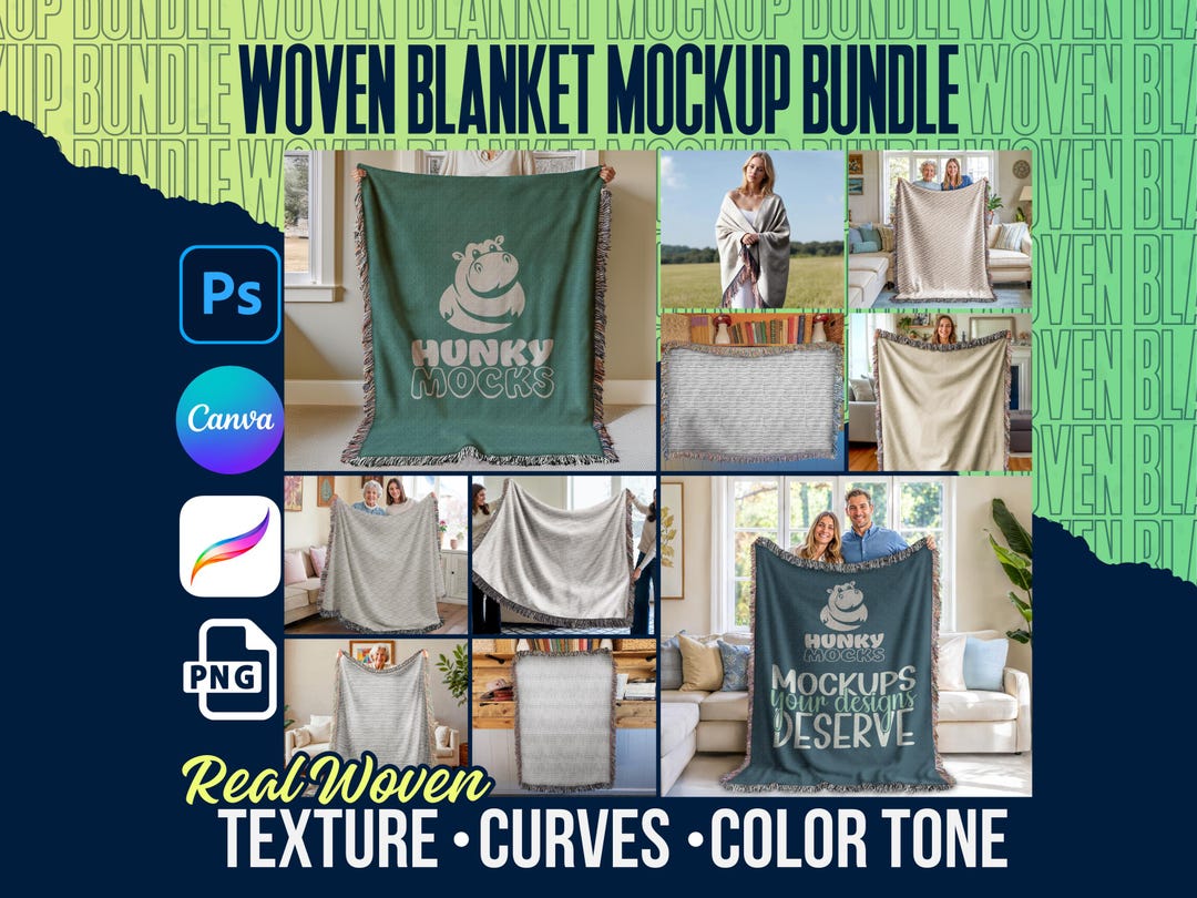 10 Woven Blanket Mockup Bundle - Photoshop, Canva, Procreate Drag ...
