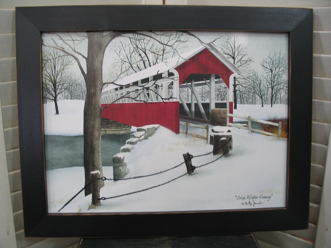 Crisp Winter Evening,billy Jacob,winter Decor,covered Bridge,primitive ...