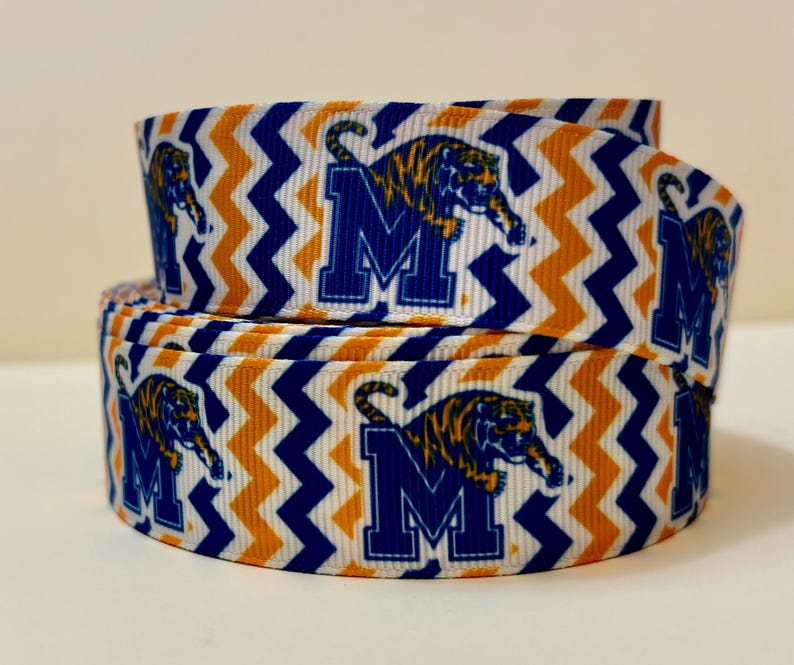 MEMPHIS TIGERS 1" Repeating Logos on Chevron Grosgrain Ribbon - 3 Yards ...
