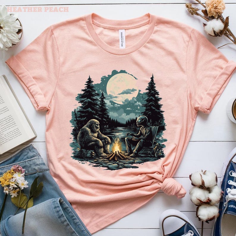 Bigfoot and Alien Campfire T-shirt, Cryptid Alien Outdoor Tee, Mystical ...