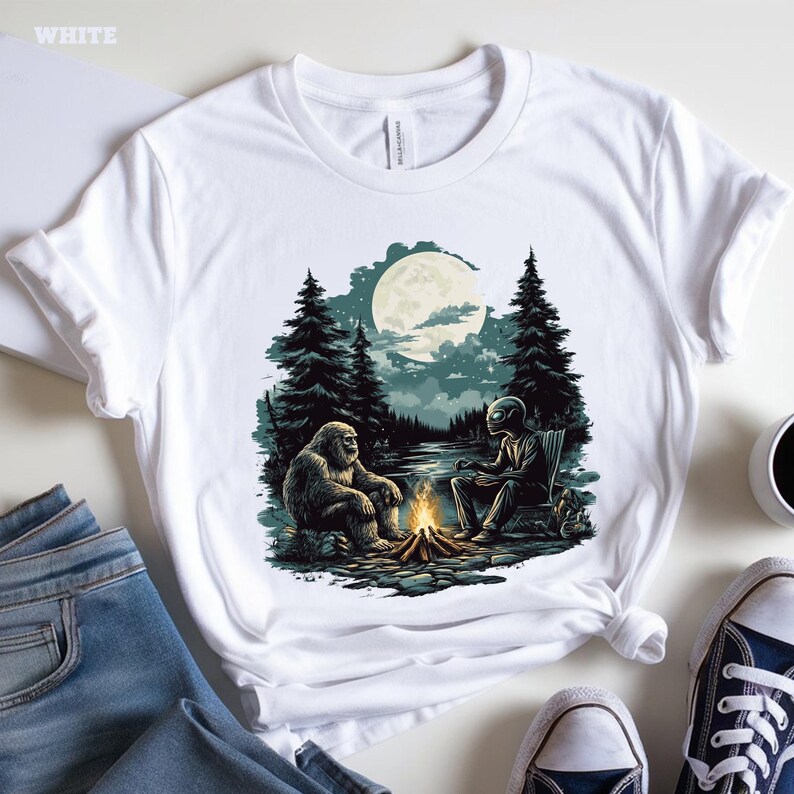 Bigfoot and Alien Campfire T-shirt, Cryptid Alien Outdoor Tee, Mystical ...