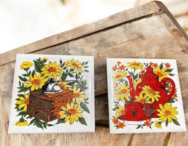 Vintage 70s Style Ceramic Tile Kitchen Wall Decor, Set of Two | Retro ...