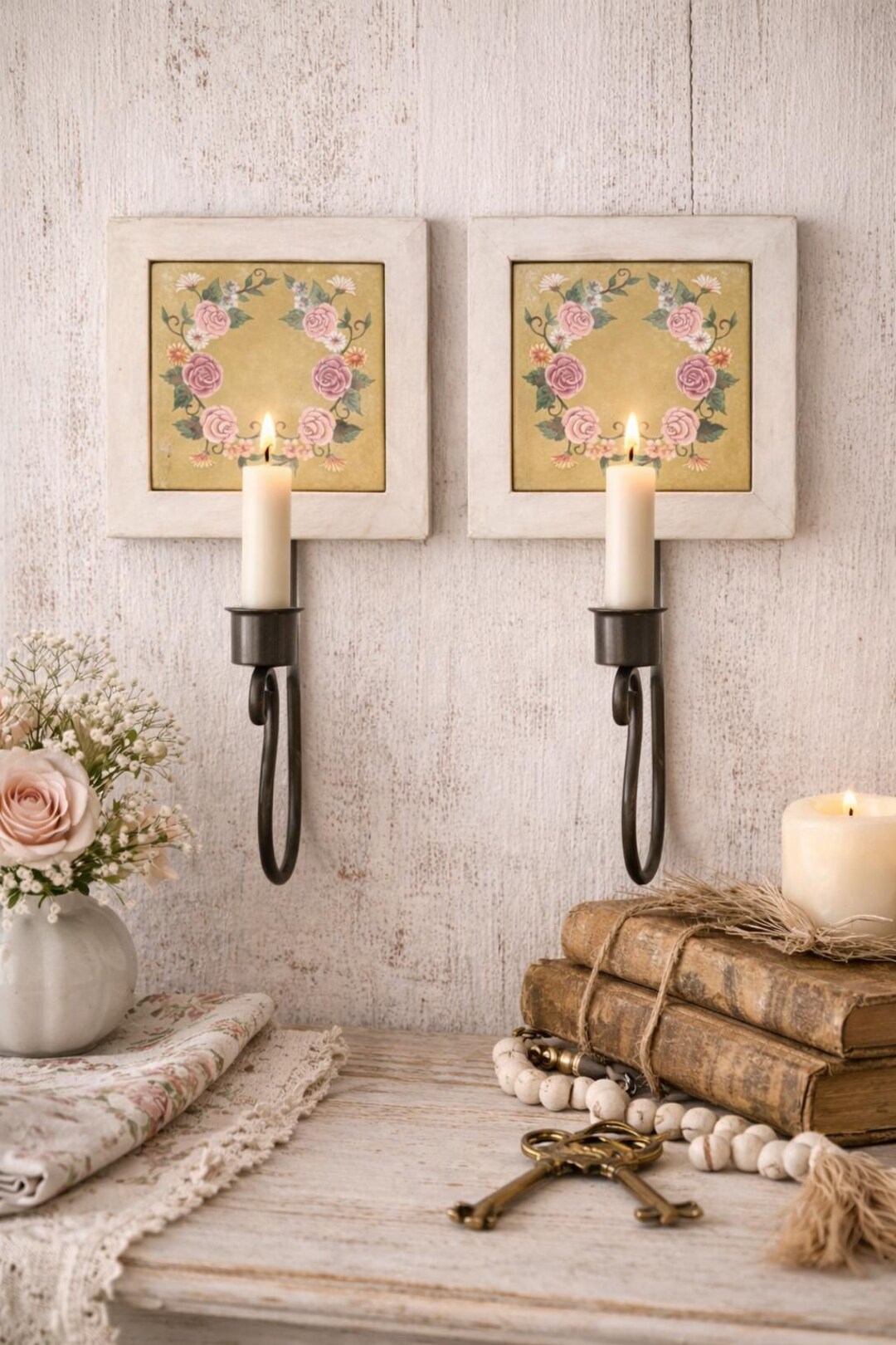 Vintage Floral Wood Wall Hooks Pair Cottage Decor Shabby Chic Hanging ...