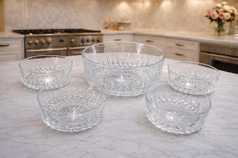 Vintage Arcoroc France Cut Glass Bowl Set of 5 | Starburst Pattern ...