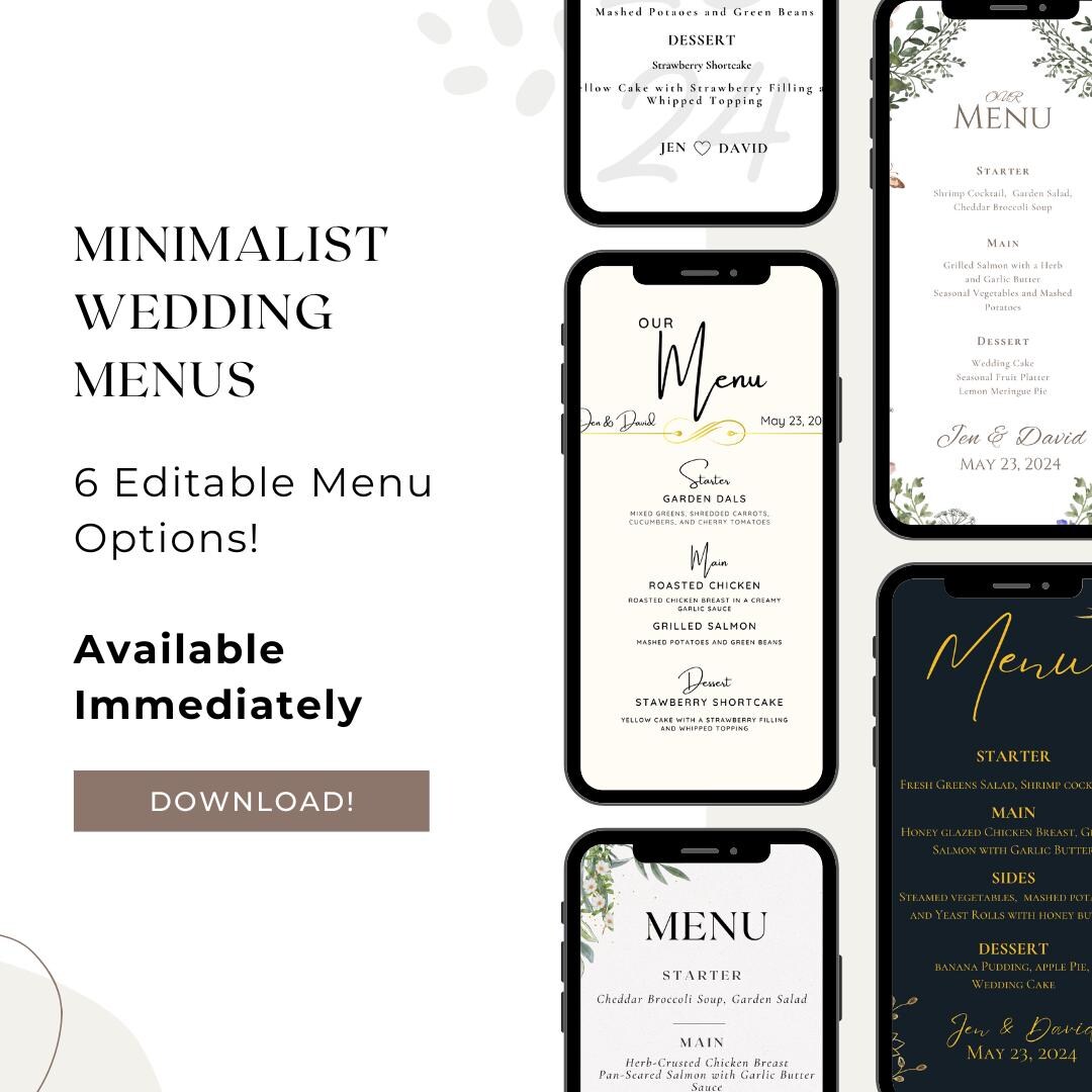 Modern Wedding Menu Bundle, Printable Minimalist Templates for Event ...