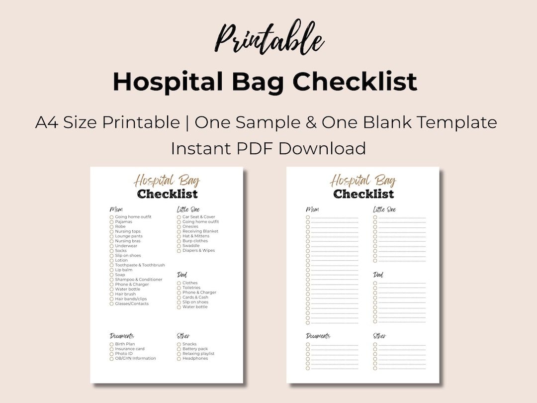 Printable Hospital Bag Checklist, Birth Packing List, Labor and ...