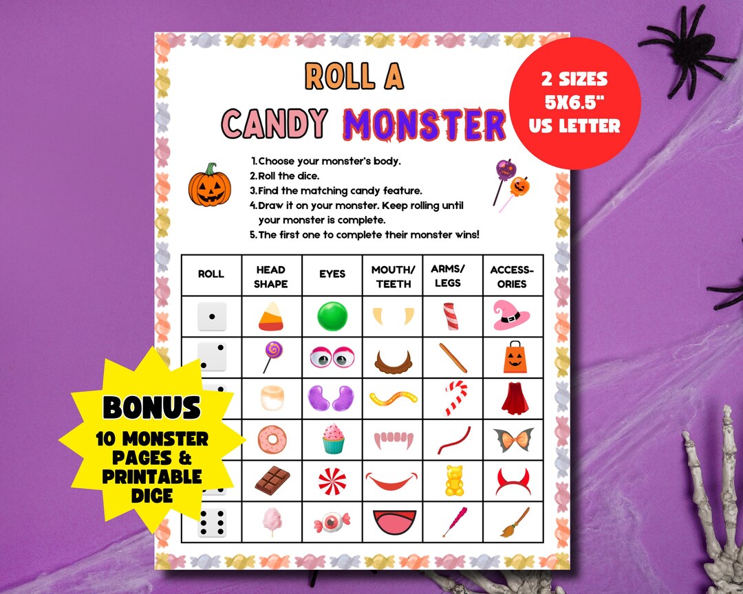 Halloween Dice Roll Game Printable for Game Night, Roll a Monster Dice ...