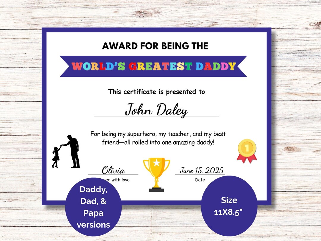World’s Greatest Daddy Award From Daughter, Printable Father’s Day Gift ...