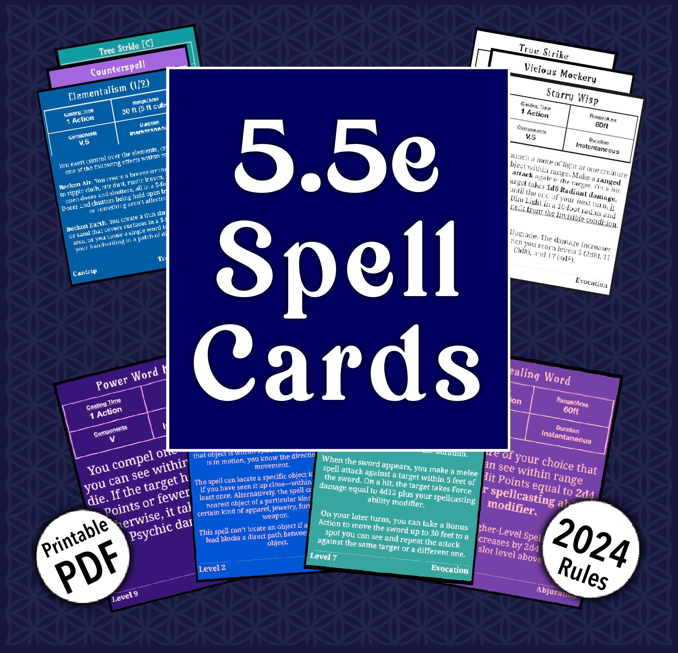 2024 Spell Cards D&D 5.5e All Spells Cantrip-level 9 Printable PDF - Etsy