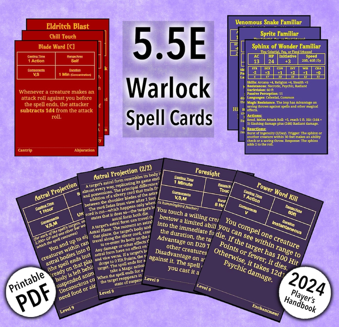 D&D Warlock Spell Cards and Familiar Cards 5.5e 2024 Players Handbook ...
