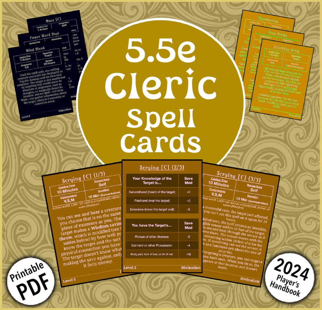 D&D Cleric Spell Cards 5.5e 2024 Players Handbook All Cleric Spells ...
