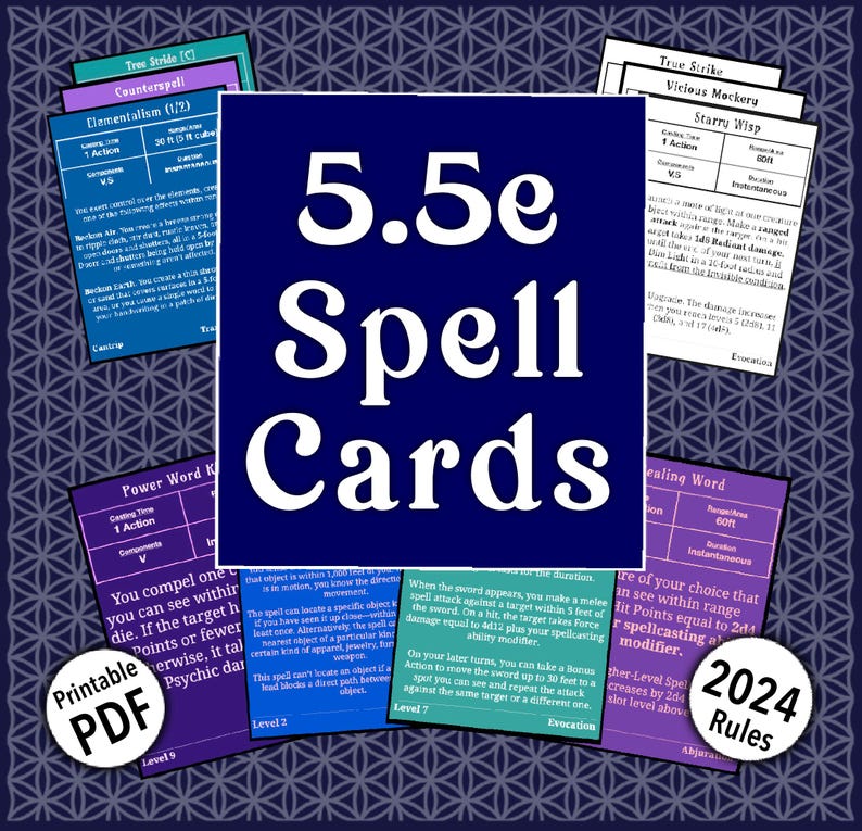 2024 Spell Cards D&D 5.5e All Spells Cantrip-level 9 Printable PDF - Etsy