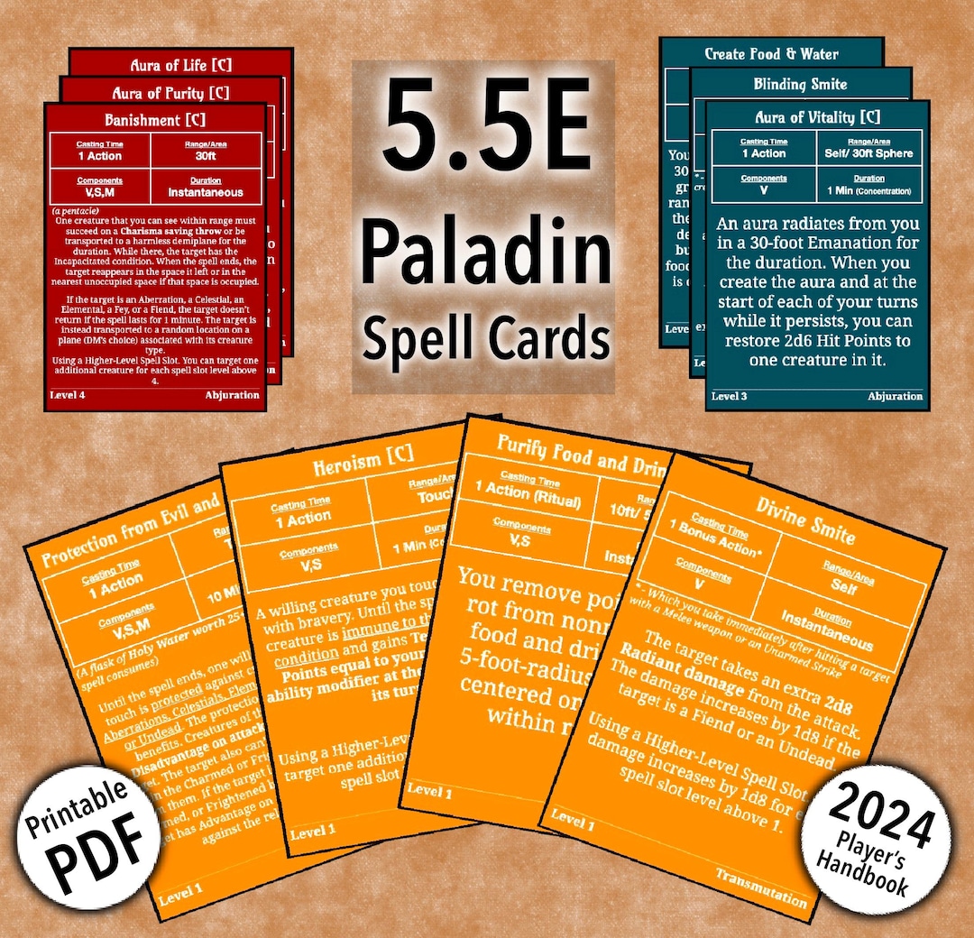D&D Paladin Spell Cards 5.5e 2024 Players Handbook All Paladin Spells ...