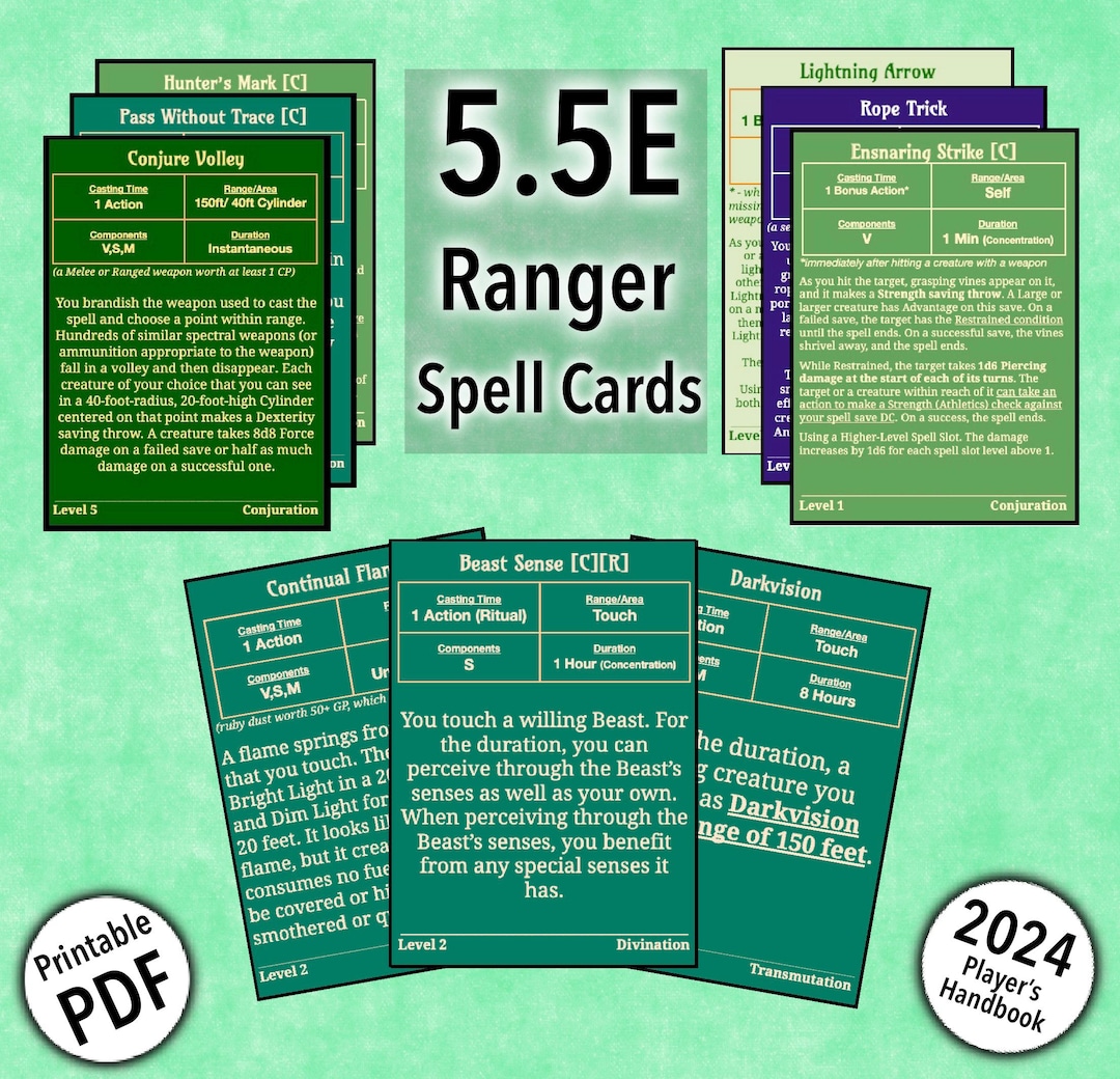 D&D Ranger Spell Cards 5.5e 2024 Players Handbook All Ranger Spells Level 1-5 Printable PDF - Etsy