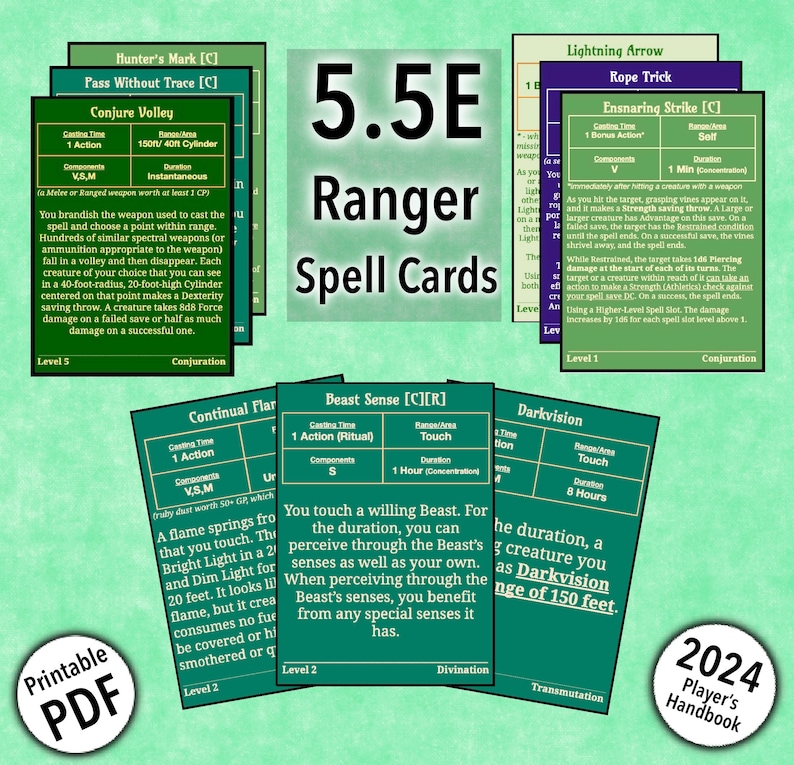 D&D Ranger Spell Cards 5.5e 2024 Players Handbook All Ranger Spells ...