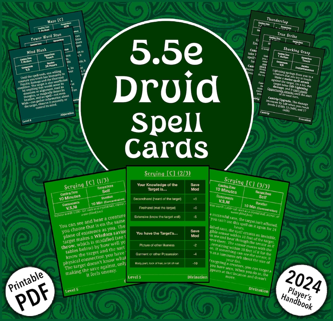 D&D Druid Spell Cards 5.5e 2024 Players Handbook All Druid Spells ...
