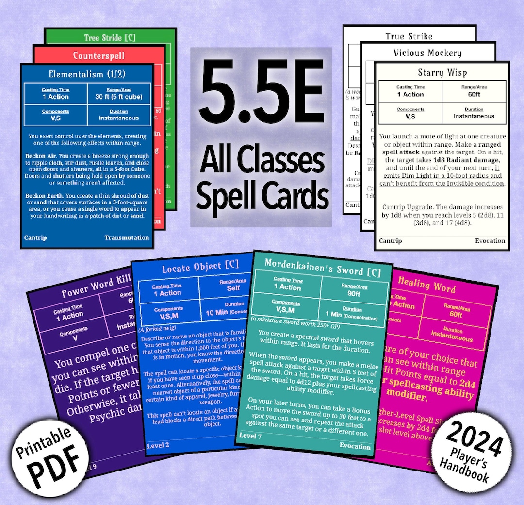 2024 Spell Cards D&D 5.5e All Spells Cantrip-level 9 Printable PDF - Etsy