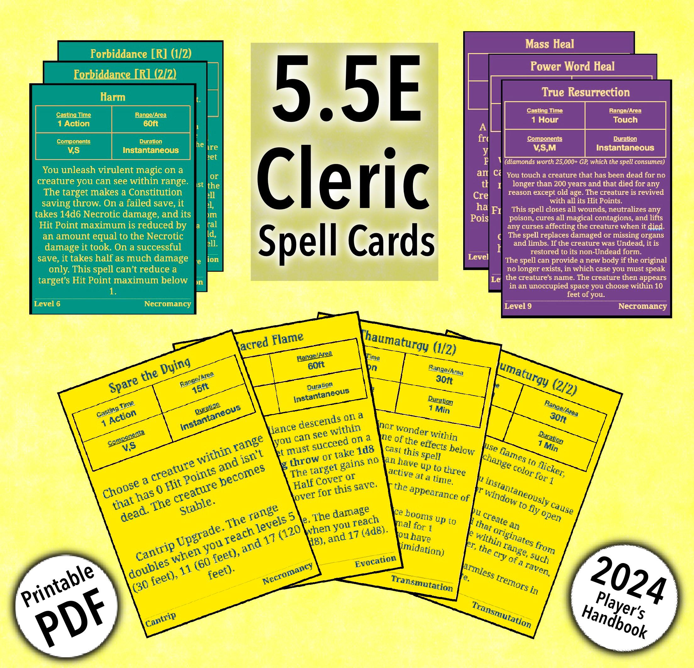 D&D Cleric Spell Cards 5.5e 2024 Players Handbook All Cleric Spells ...