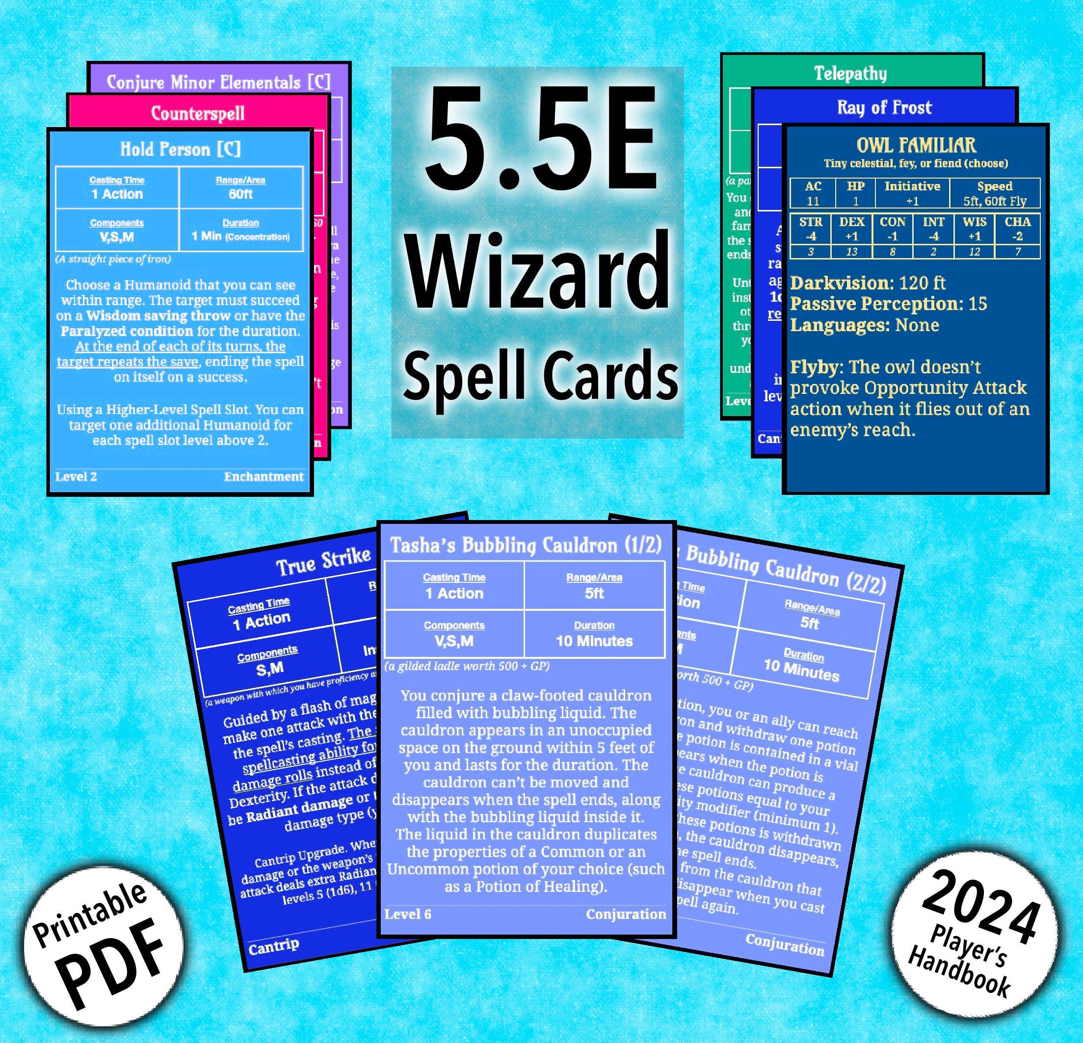 D&D Wizard Spell Cards 5.5e 2024 Players Handbook All Wizard Spells ...