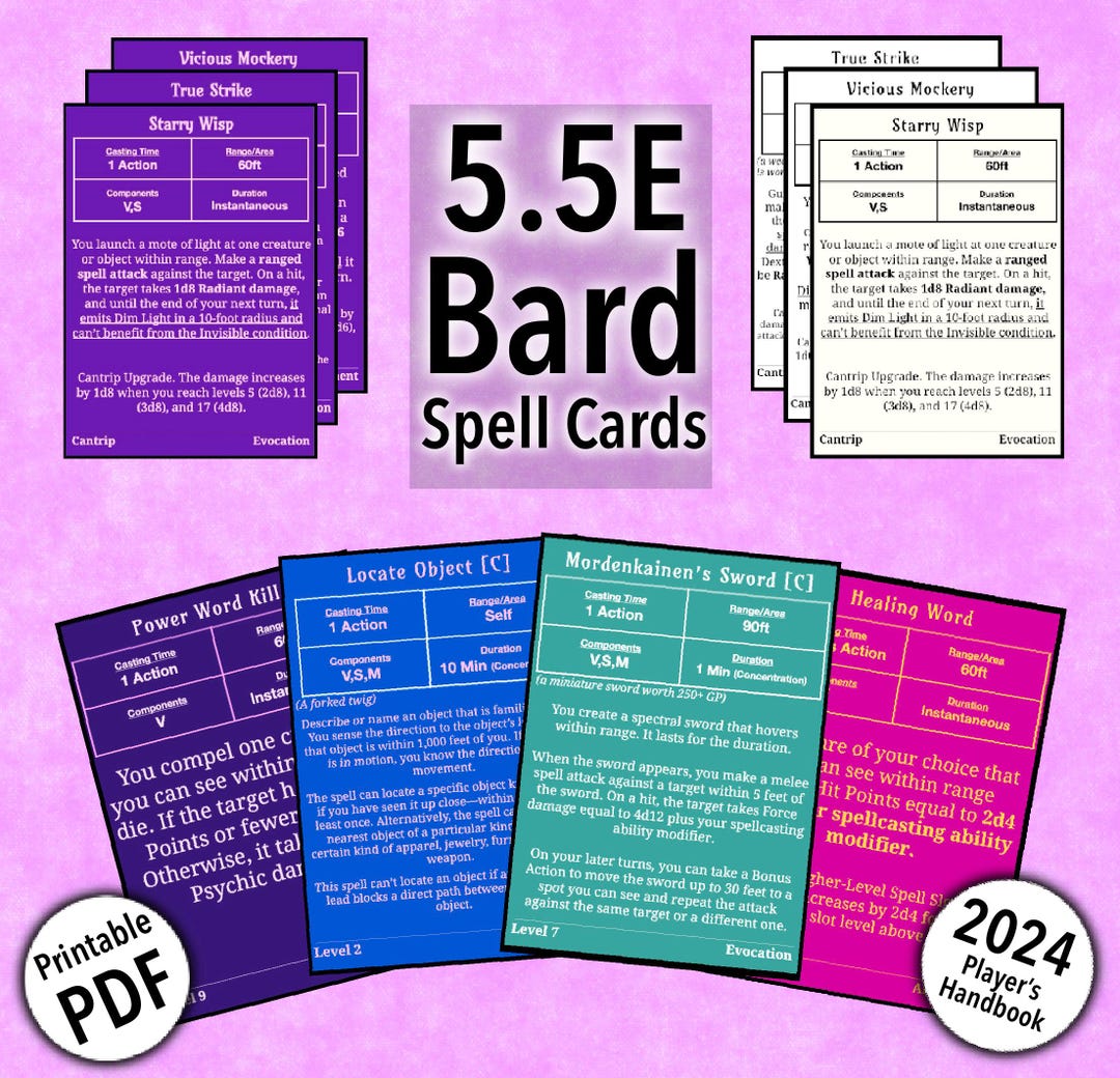 D&D Bard Spell Cards 5.5e 2024 Players Handbook Bard Spells Printable ...