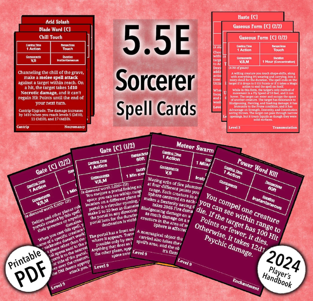 D&D Sorcerer Spell Cards 5.5e 2024 All Sorcerer Spells Cantrip-level 9 ...