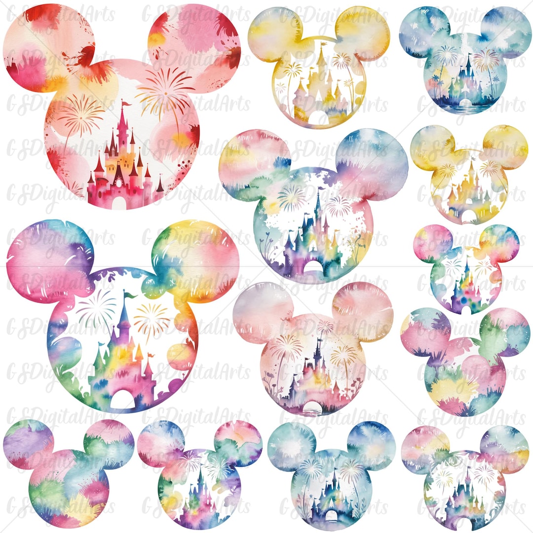 Disney Castle Mickey Head PNG, Watercolor Magical Fireworks Mouse ...