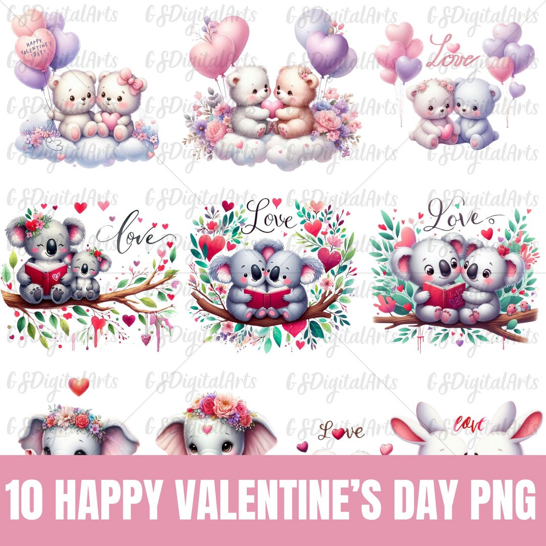 Watercolor Cute Valentines Animals Clipart, Valentine's Day PNG ...
