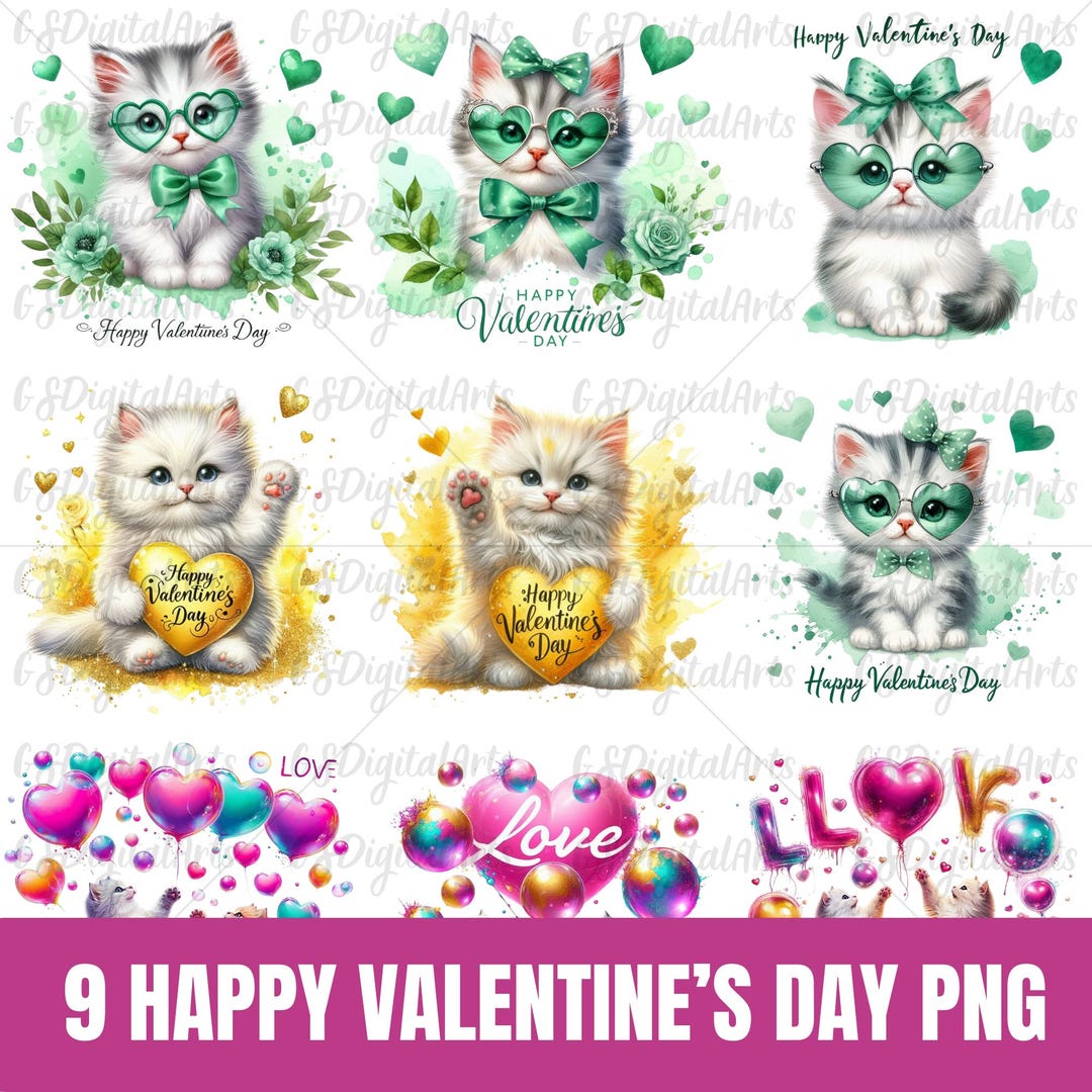 Watercolor Cute Valentines Kittens Clipart, Valentine's Day PNG ...