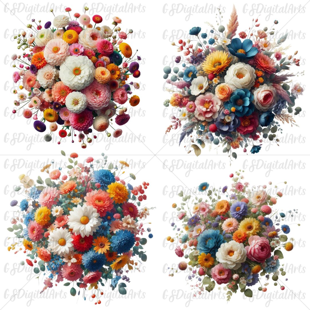 Flower Design, Flowers Clip Art, 4 Flower Png, Vibrant Flower Bundle ...