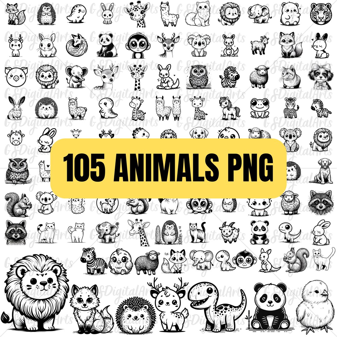 100 Animal Doodle PNG Bundle, Cute Safari and Farm Animals, Animal ...