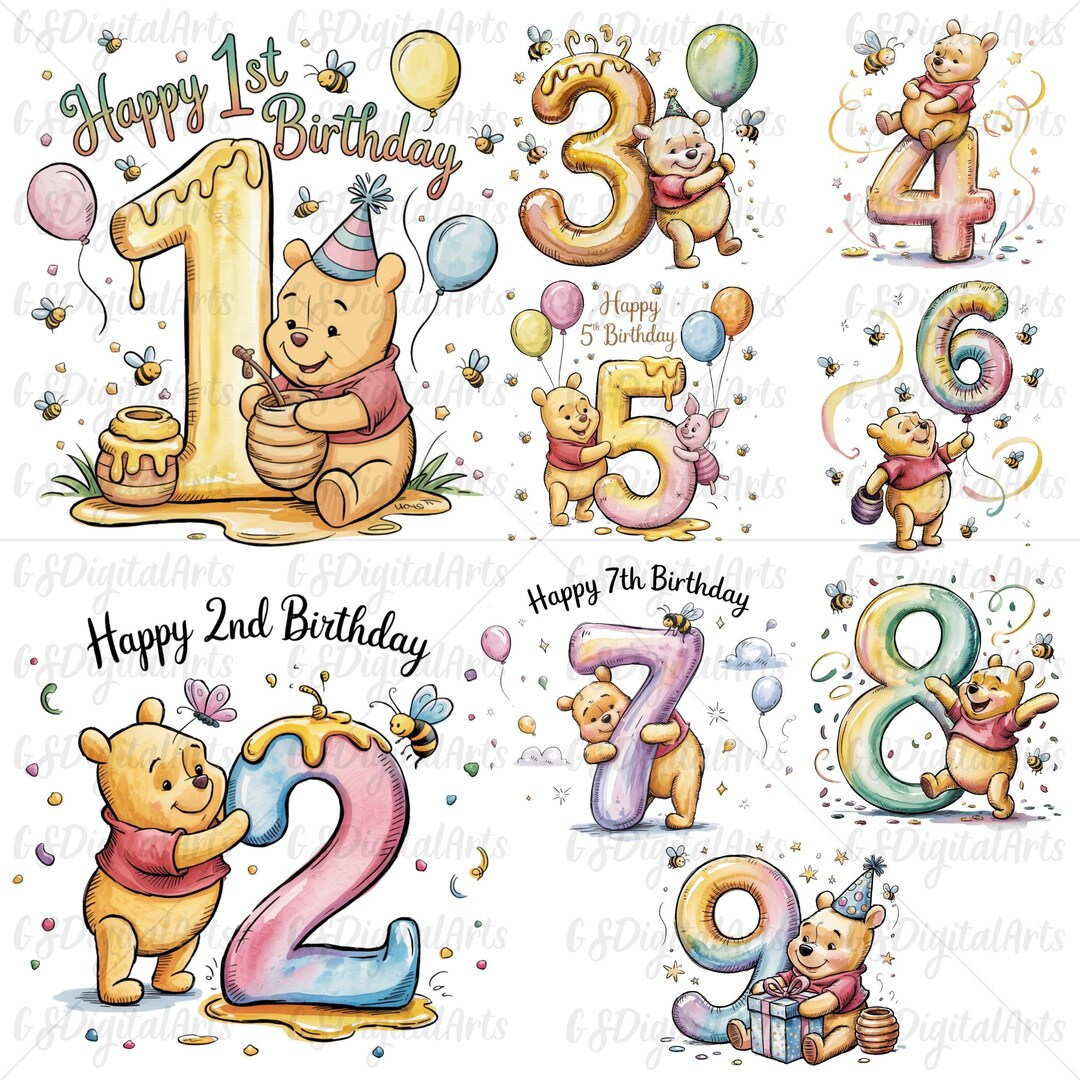 Winnie the Pooh Birthday Numbers PNG, Disney Pooh 1st to 9th Birthday ...