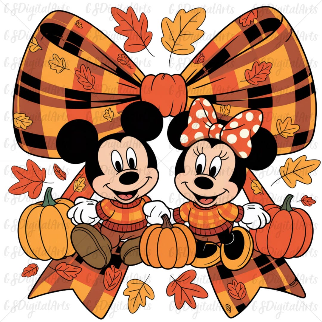 Mickey and Minnie Mouse Fall Pumpkin PNG: Plaid Bow, Autumn Leaves ...