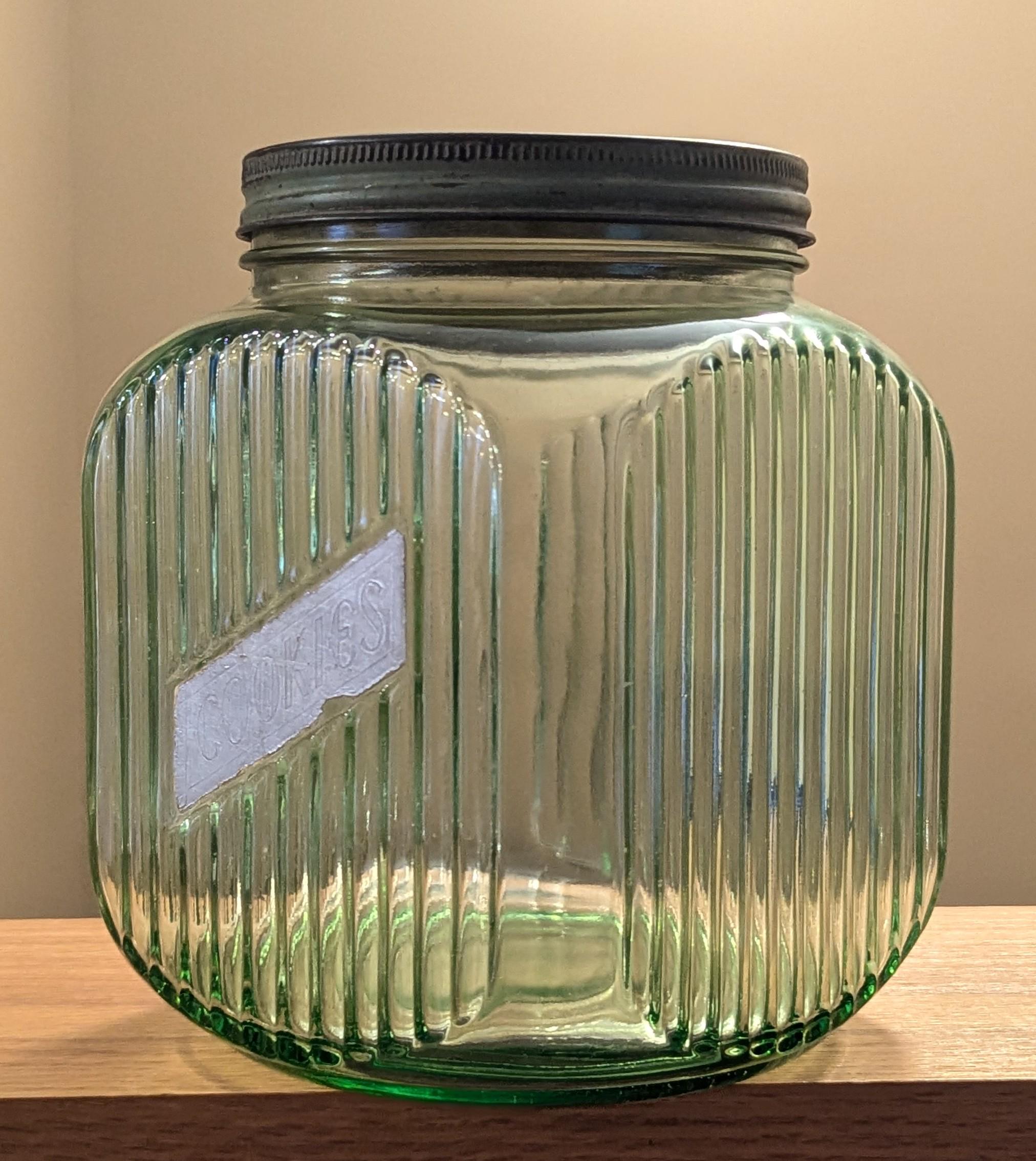 Uranium Glass Hoosier Cookies Jar With Green Metal Lid Ribbed Vintage ...