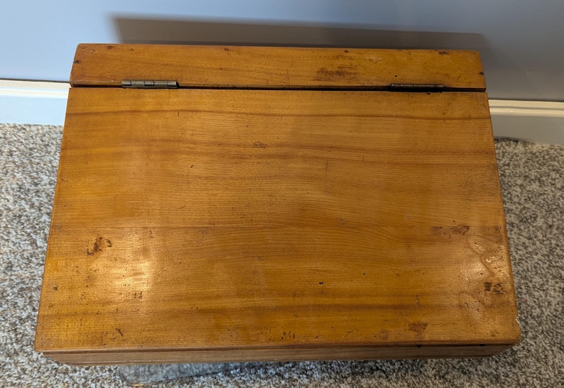 Antique Wood Travel Lap Writing Desk Slanted Hinged Lift Top Lid With ...