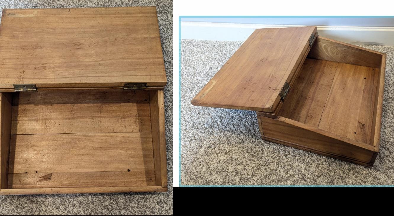 Antique Wood Travel Lap Writing Desk Slanted Hinged Lift Top Lid With ...