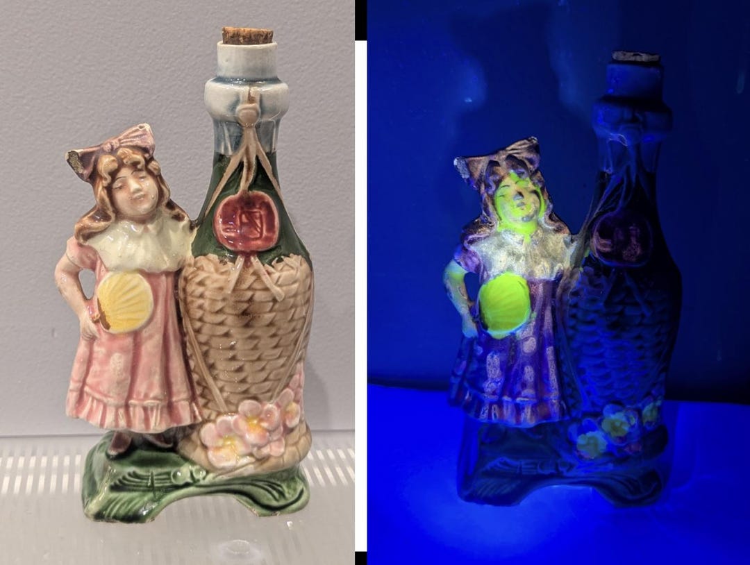 Uranium Glazed Majolica Ceramic Pottery Girl With Large Oil Bottle ...