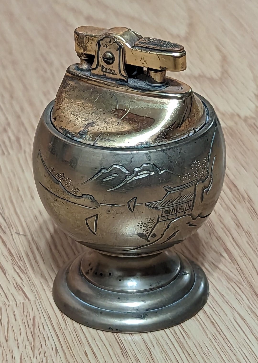 Vintage Prince Butane Table Lighter Round Carved Japanese Scene ...
