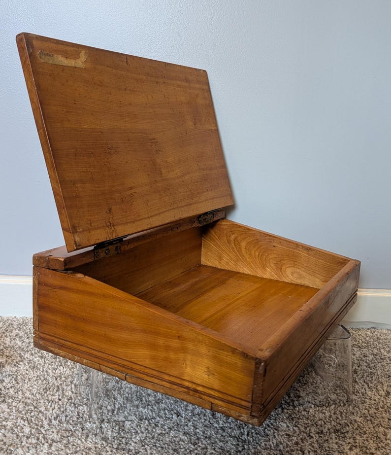 Antique Wood Travel Lap Writing Desk Slanted Hinged Lift Top Lid With ...