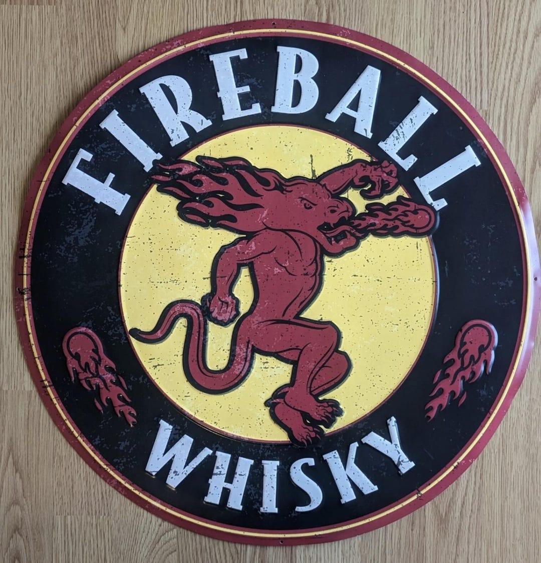 Vintage Fireball Whiskey Metal Sign Round Tin Wall Hanging Bar Decor ...