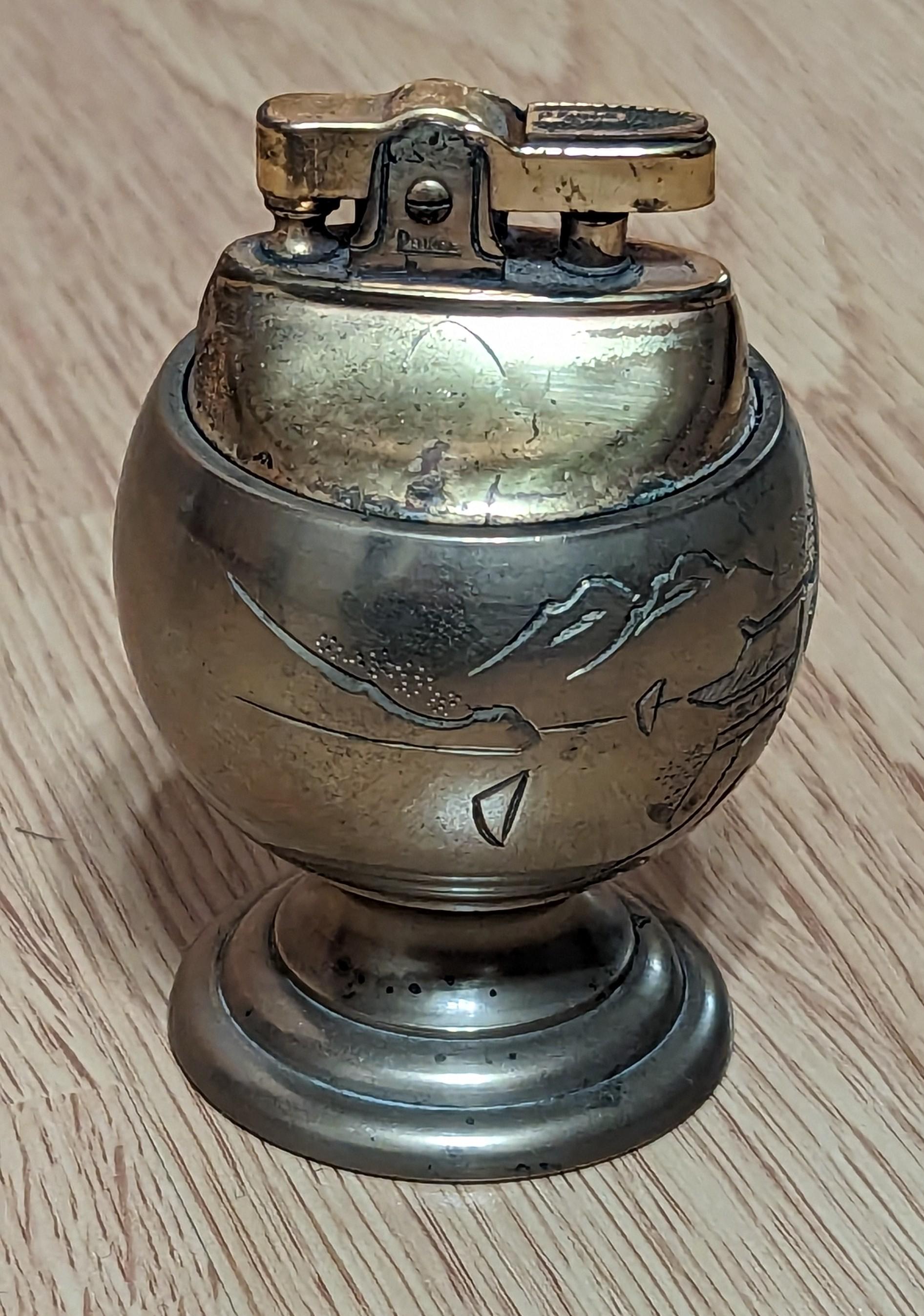 Vintage Prince Butane Table Lighter Round Carved Japanese Scene ...