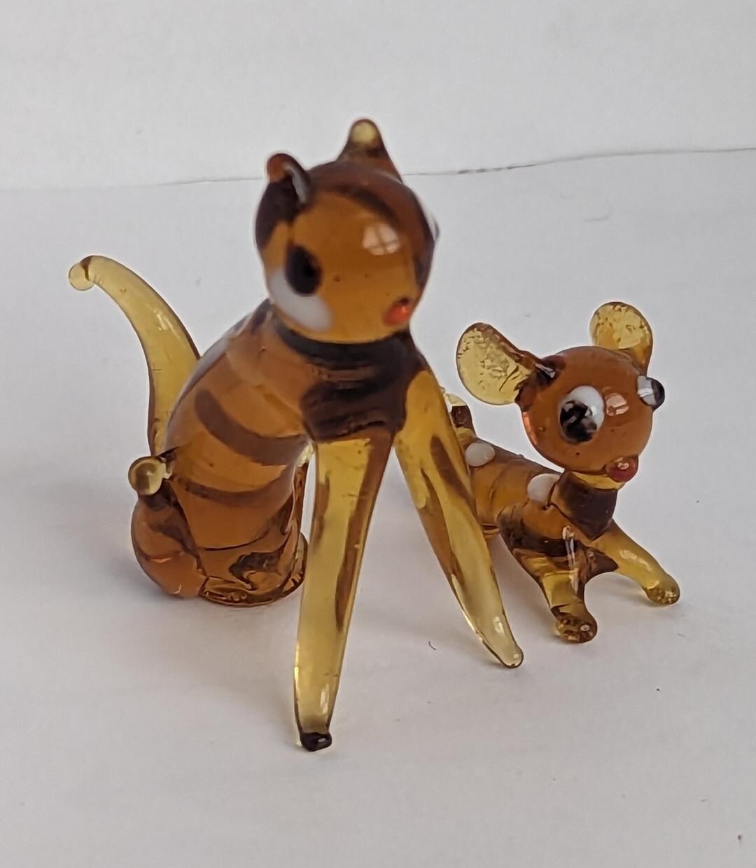 Vintage Amber Deer Fawn and Cat Art Glass Miniature Figurines With ...