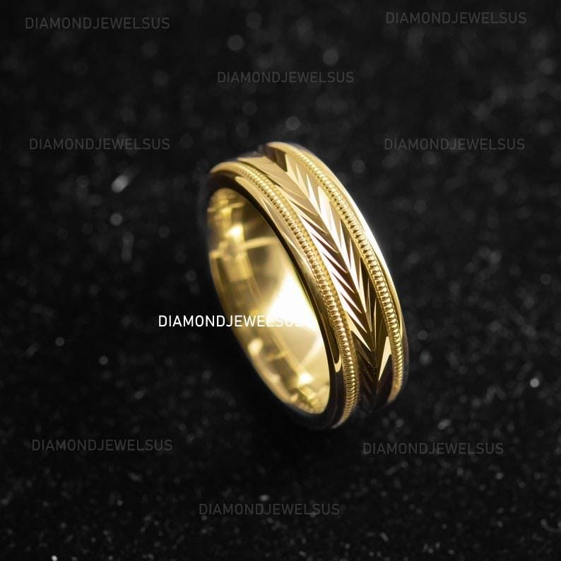 Men's V Pattern Milgrain Wedding Band, 10K/14K/18K Yellow Gold 6mm Ring ...