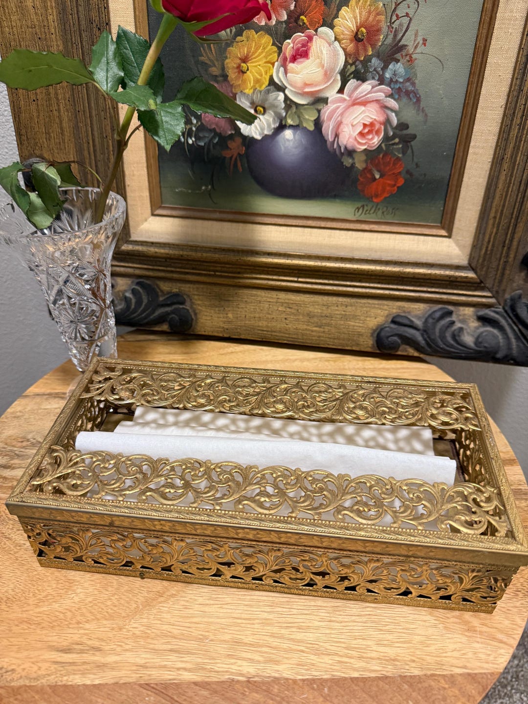 Vintage Gold Tone Filagree Metal Tissue Box Holder Hollywood Regency ...