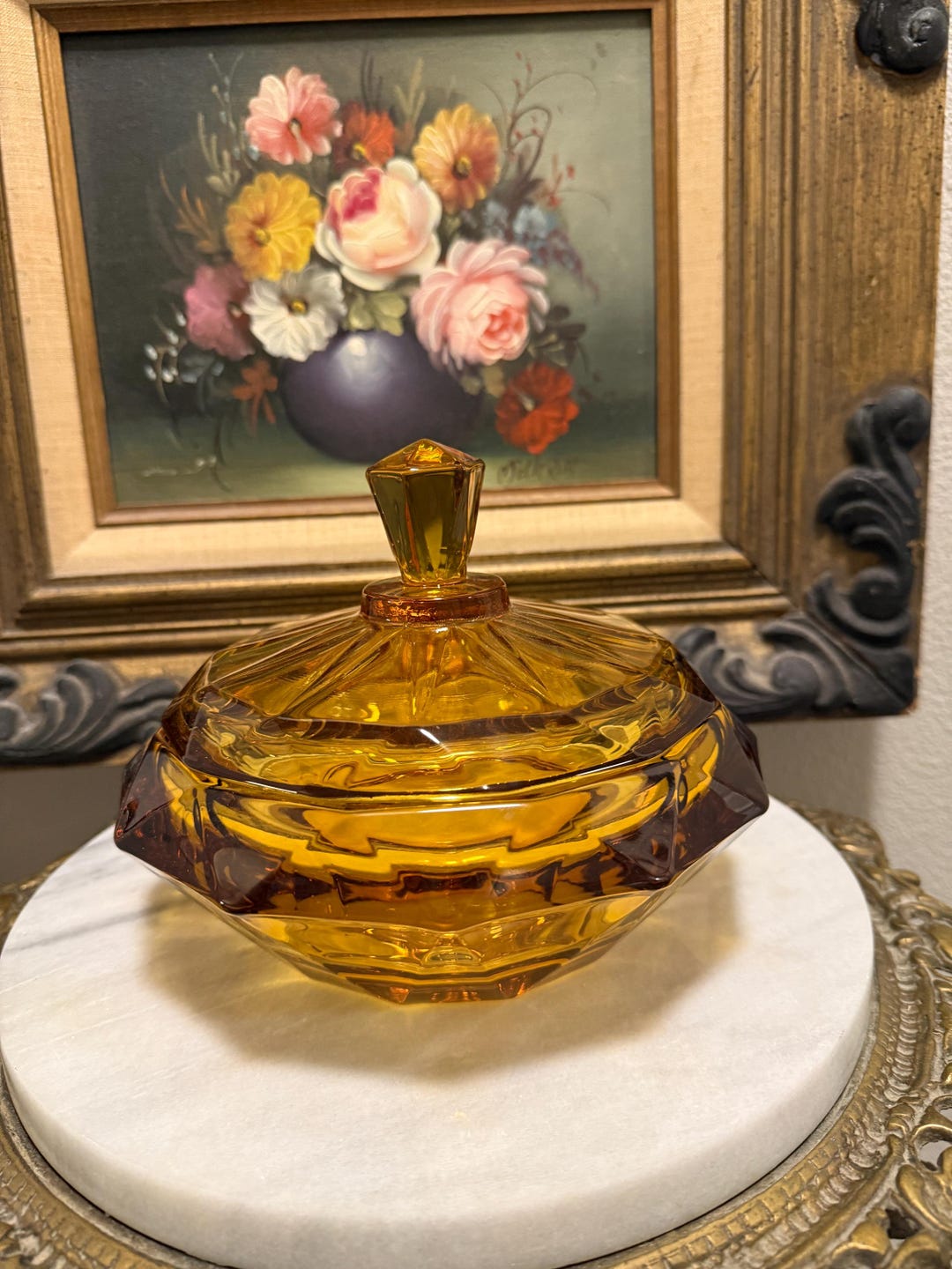 Vintage Viking Glass Honey Amber Diamond Point Covered Candy Dish #6816 ...