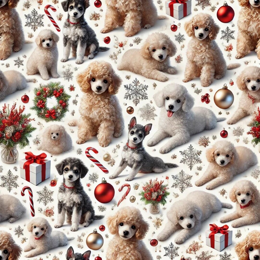 Cute Poodle Wrapping Paper Holiday-themed With Ornaments & Snowflakes ...