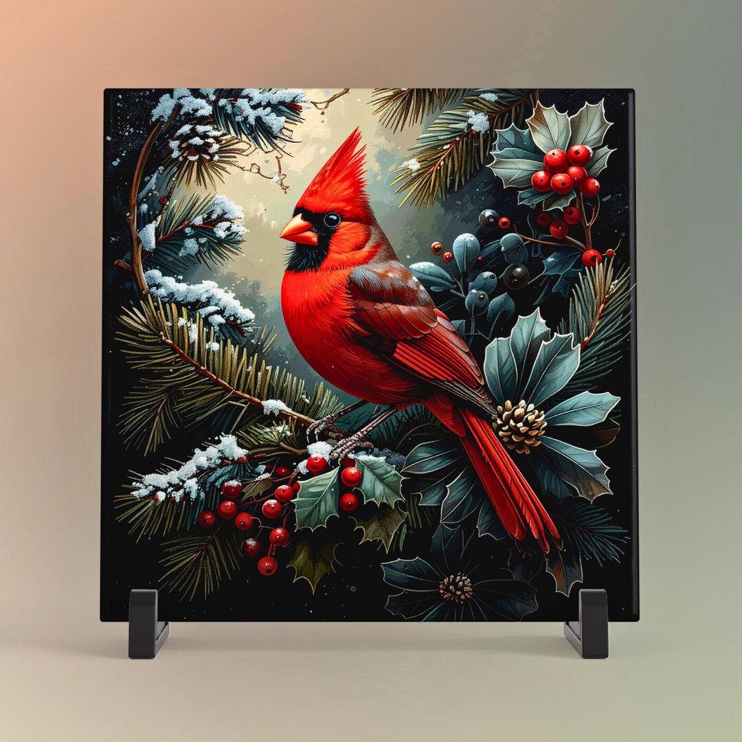 Red Cardinal Ceramic Art Tile, William Morris Style, Nature Wall Decor ...