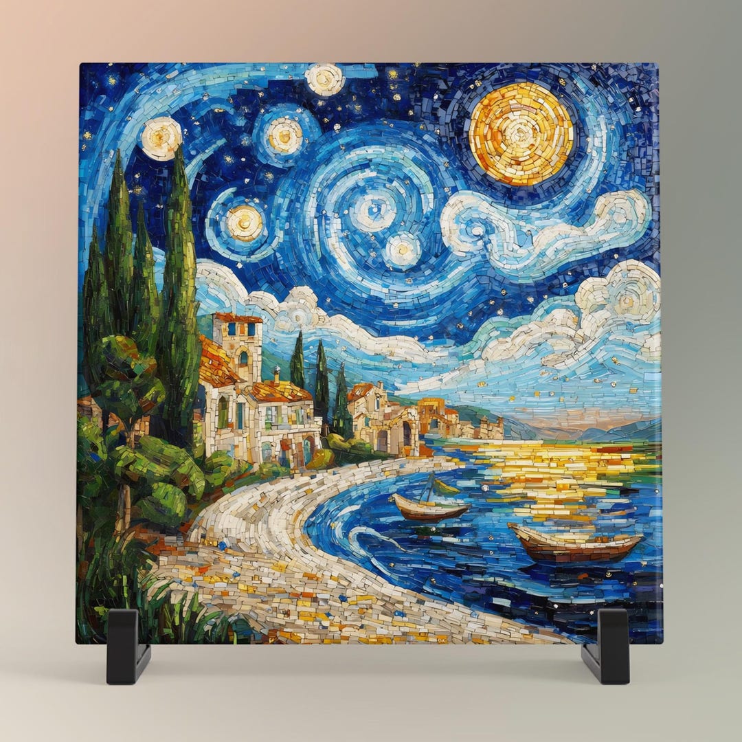 Starry Night Ceramic Art Tile, Mosaic Coastal Decor - Etsy