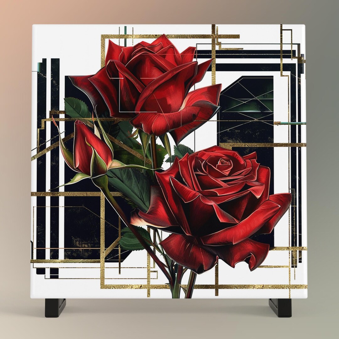 Art Deco Red Rose Ceramic Tile, Art Nouveau, Decorative Tile, Vintage ...
