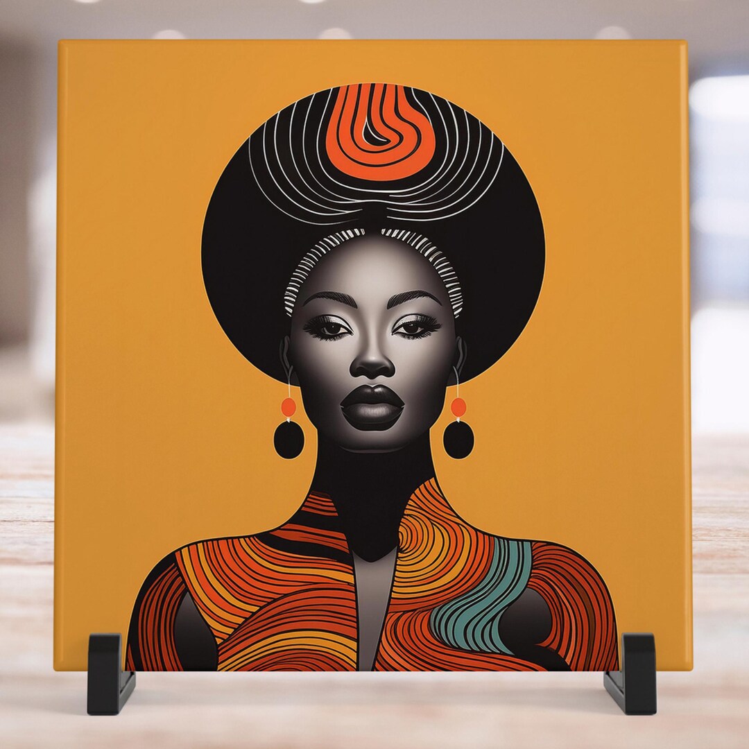 Black Wall Art Ceramic Tile, Afrocentric Woman, Stunning Colorful Art ...